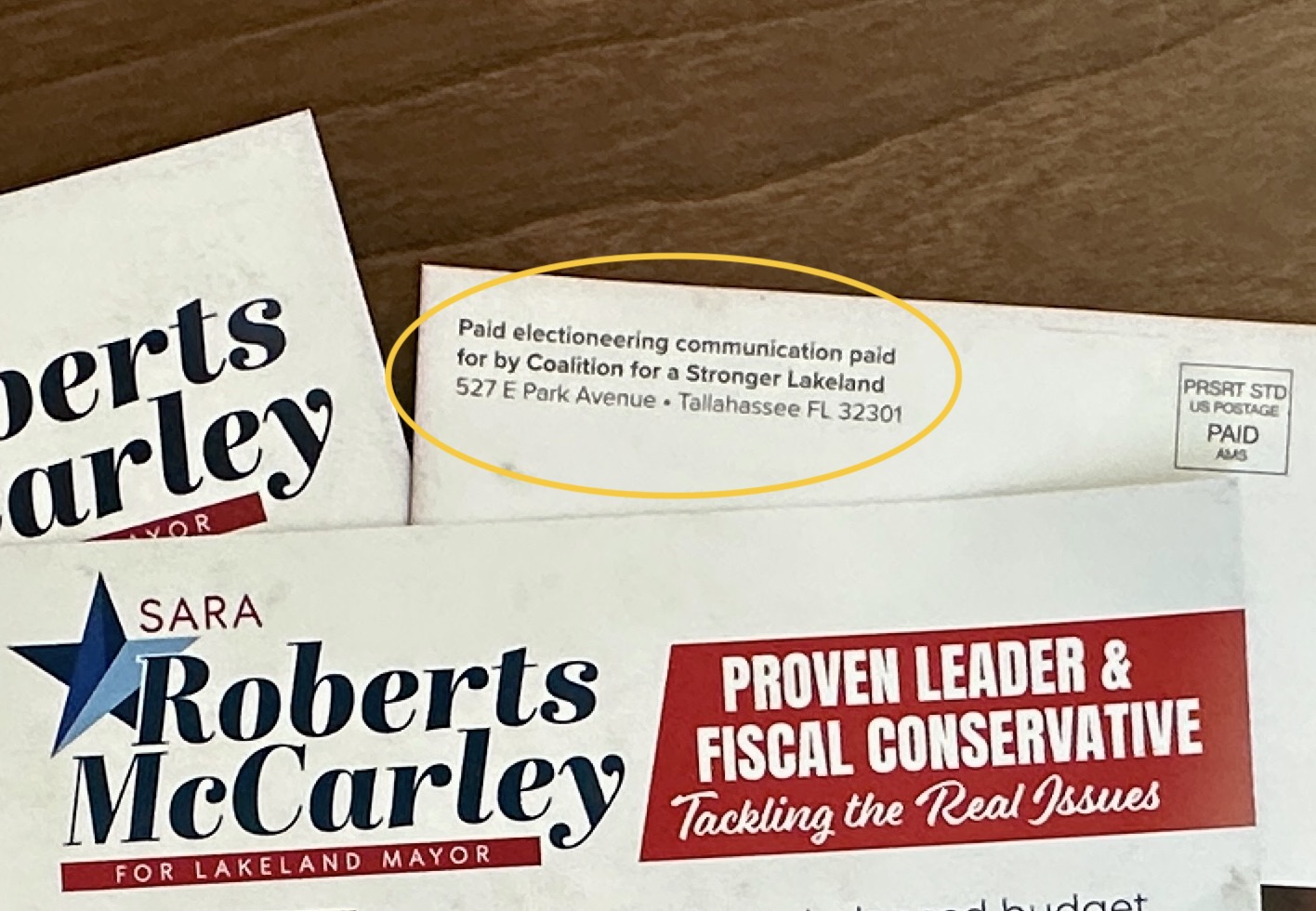 Close-up on McCarley mailer by PAC 2025 - LkldNow